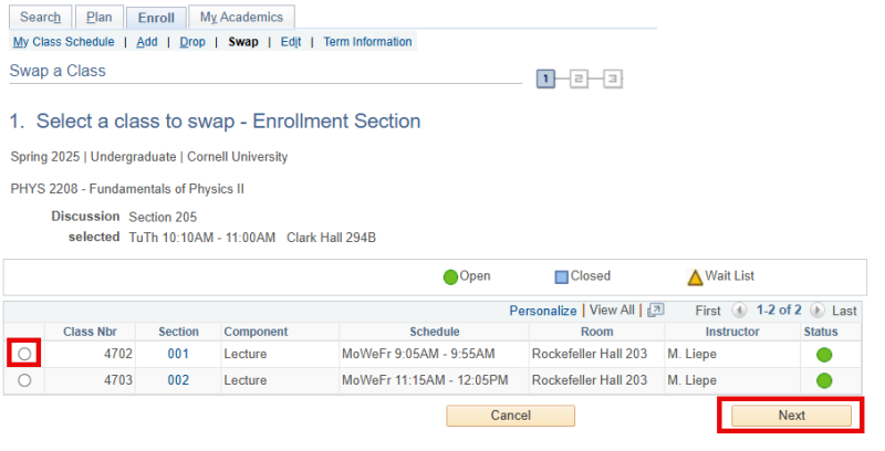 Swapping Sections within a Course | Registrar